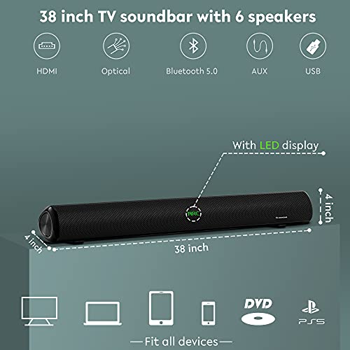 Wohome Sound Bar, 38 Inch 100W Soundbar for TV with 6 Speakers, LED Display, HDMI-ARC, Bluetooth 5.0, Optical, AUX, USB Input, 110 dB 3D Surround Sound Home Theater Audio TV Speakers Systems S9920