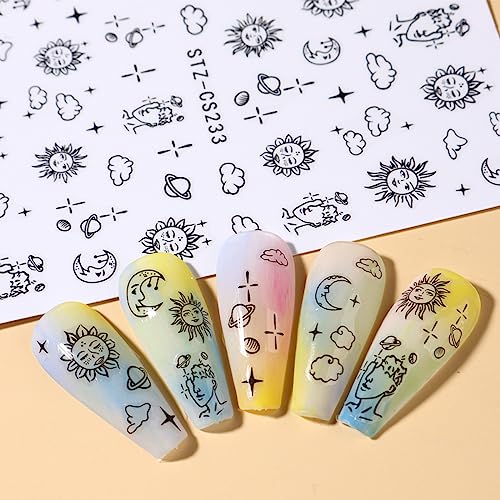 JMEOWIO 12 Sheets Moon Star Sun Nail Art Stickers Decals Self-Adhesive Pegatinas Uñas Black Nail Supplies Nail Art Design Decoration Accessories