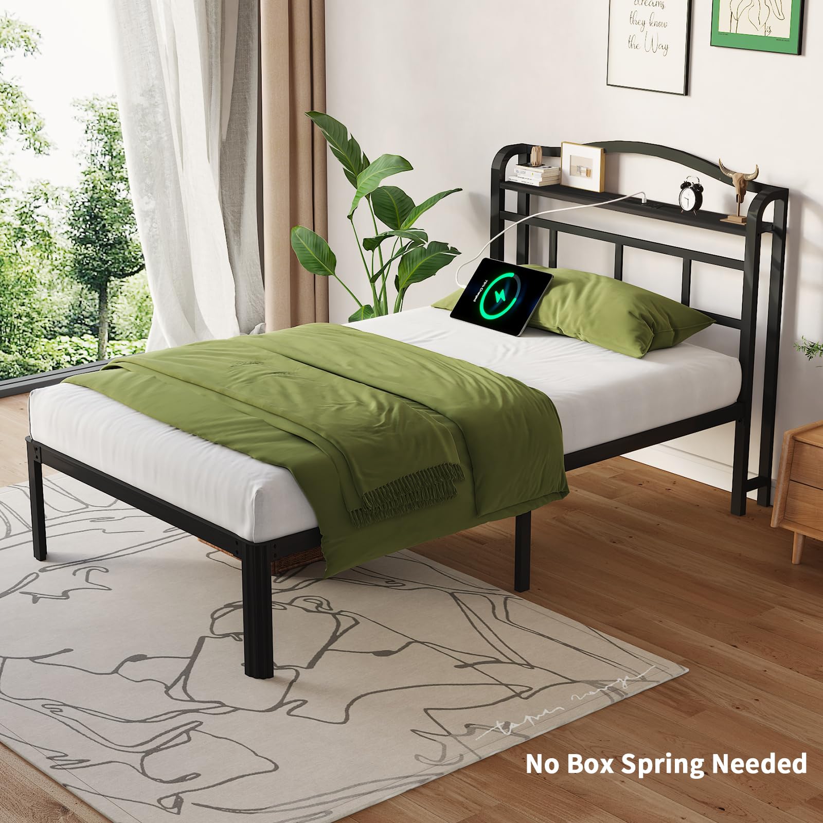 OSASET Twin Bed Frame - Twin Bed Frame with Headboard and USB & Type C Charging Station, Heavy Duty Metal Bed Frame No Box Spring Needed with Ample Storage Space - Easy Assembly and Noise Free