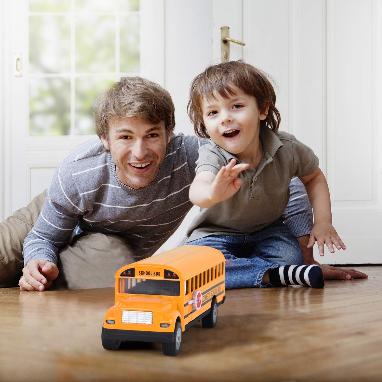 Think Wing School Bus Toy for Toddlers - 5 Inch 2 Set Die-cast Play Vehicles Pull Back car for Kids