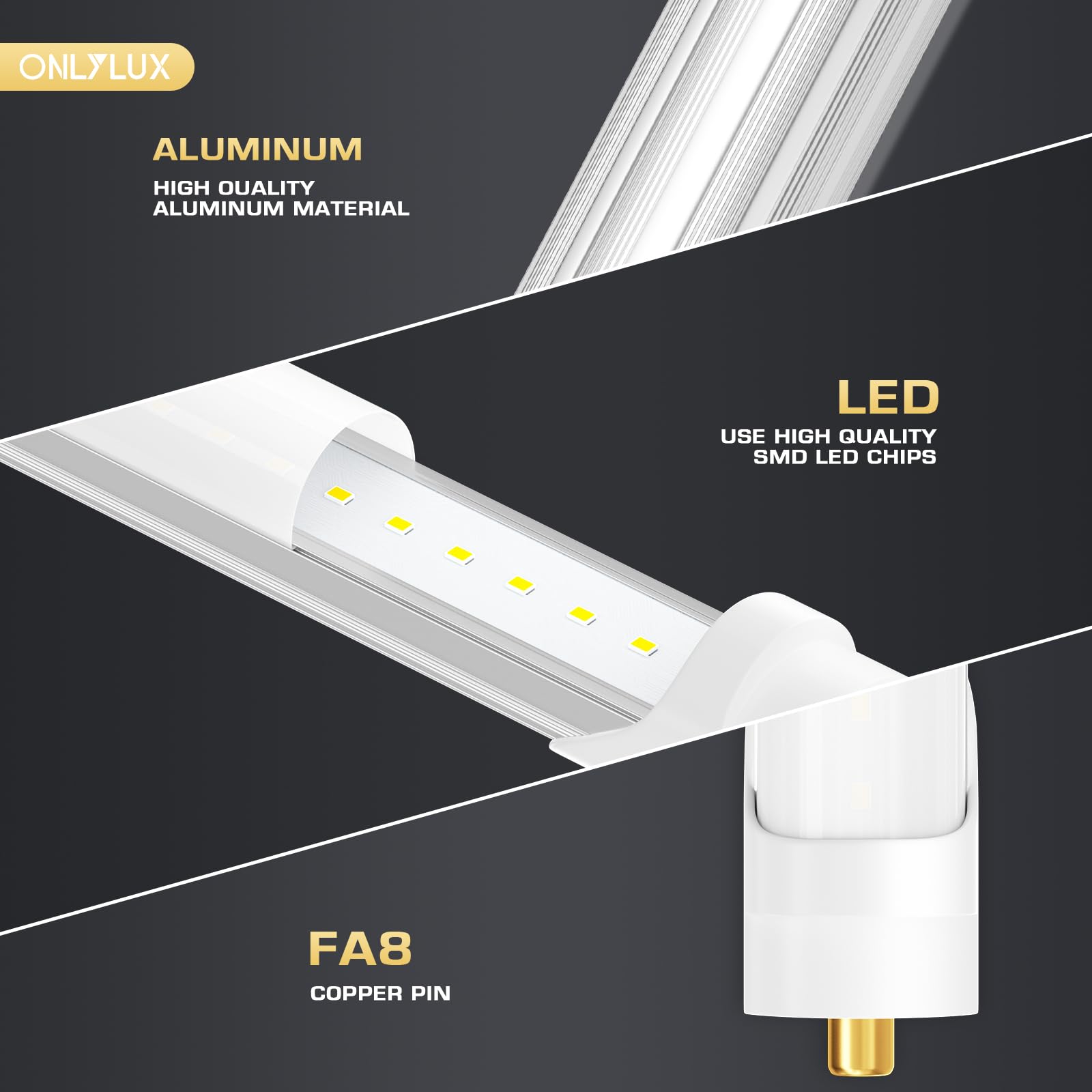 ONLYLUX 8 Foot Led Bulbs T8 T12 LED 8ft Tube Light F96T8 F96T12 LED Bulb 96" FA8 Single Pin LED Fluorescent Replacement, (100W Fluorescent Equivalent) 6500K CW Daylight Milky Cover, 10 Pack