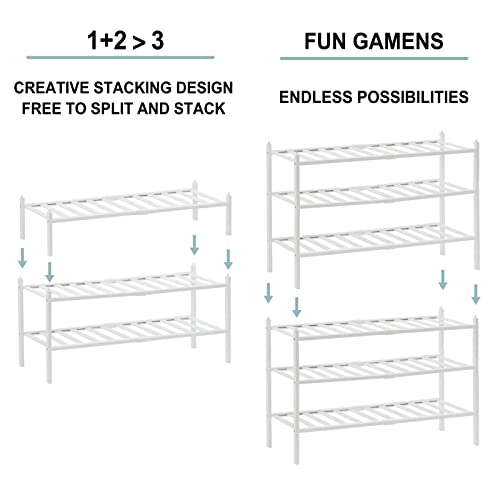 quiseolu White Shoe Rack for Closet Entryway 3 Tier Bamboo Shoe Rack Free Standing Shoe Organizer for Small Space Samll White Shoe Shelf Stackable Shoe Storage D11 * W27.2 * H18.3 Inches