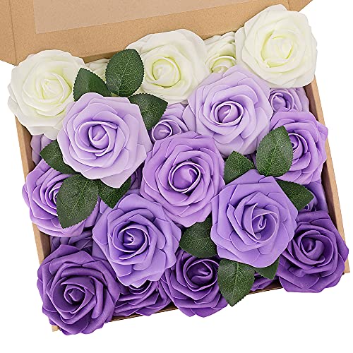 N&T NIETING Purple Roses Artificial Flowers 25Pcs Fake Flowers Foam Roses with Stems for DIY Wedding Bridesmaid Bridal Bouquets Centerpieces Party Home Decoration Baby Shower, Series Purple