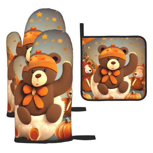 Dancing Thanksgiving Bear Oven Mitts and Pot Holders Set–Ultimate Heat Resistant Set for Kitchen and Dining
