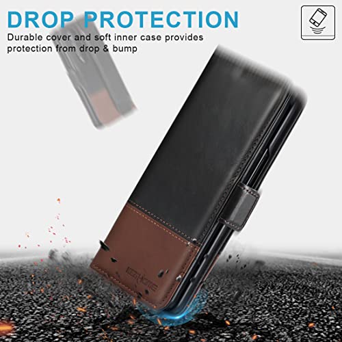 KEZiHOME Samsung Galaxy Z Fold 4 Case, Genuine Leather Galaxy Z Fold 4 Wallet Case [RFID Blocking] with Card Holder Flip Kickstand Magnetic Case Compatible with Samsung Z Fold 4 5G (Black/Brown)