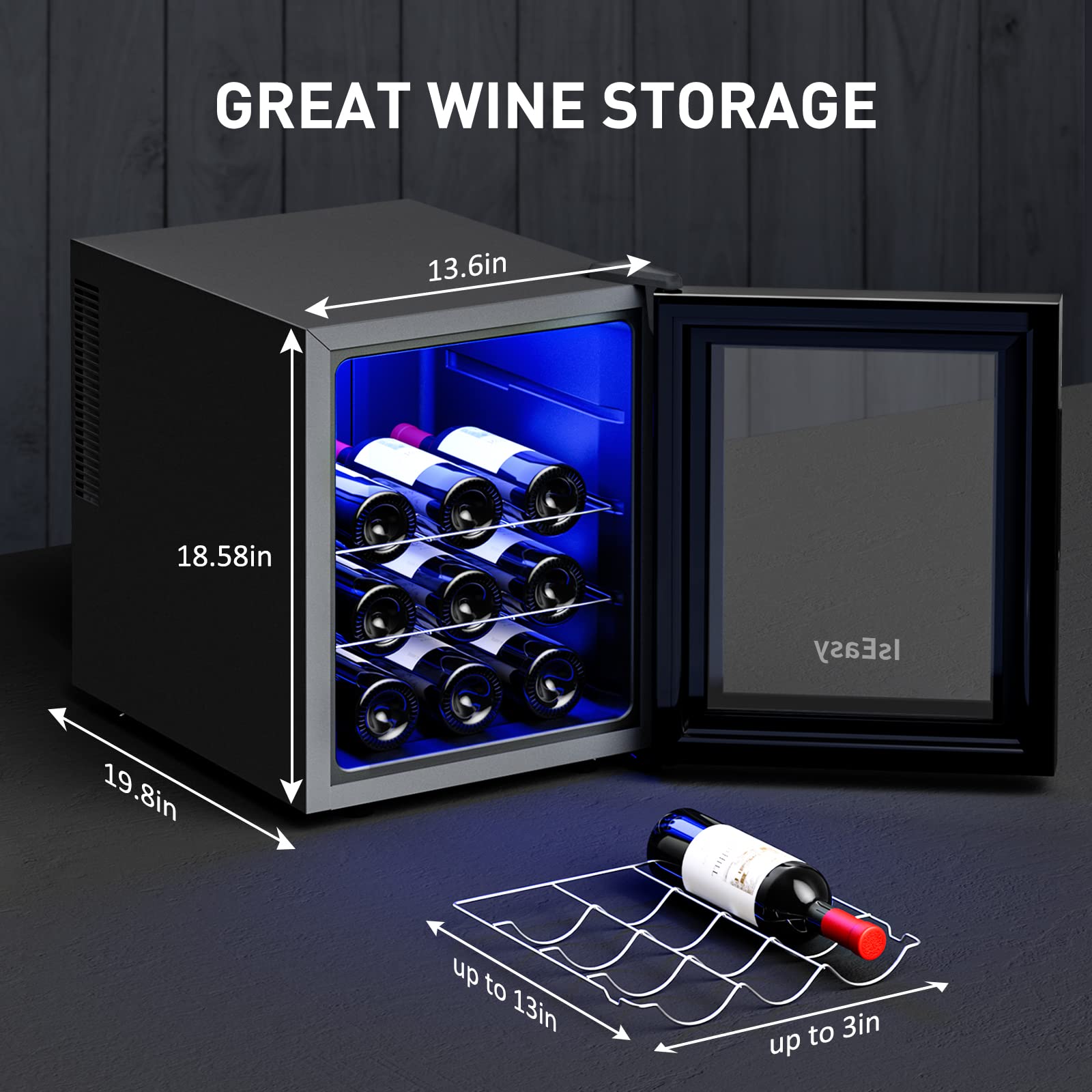 IsEasy 12 Bottles Wine Cooler Refrigerator 46℉-66℉ Temperature Mini Wine Fridge with Double-Layer Tempered Glass Door Wine Cellar for Red Wine, Champagne for Home, Kitchen, or Office