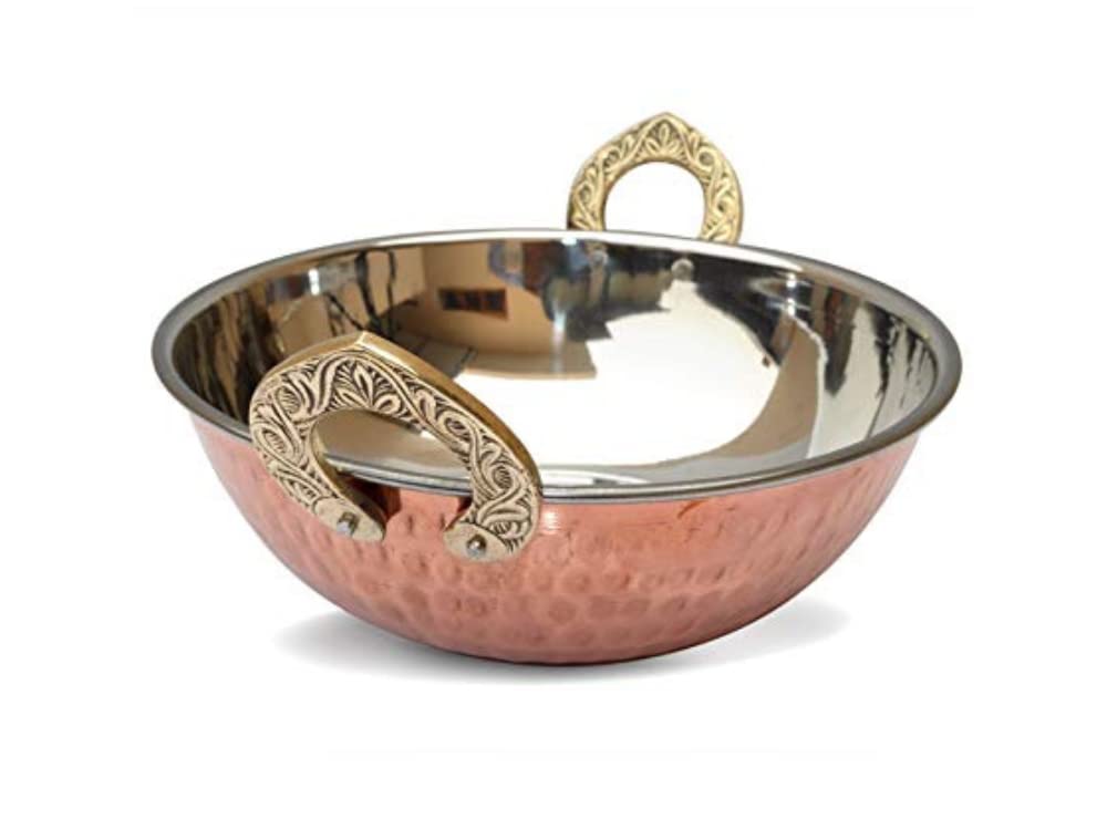 Genx Set of 4, Indian Copper Serveware Karahi Vegetable Dinner Bowl with Solid Brass Handle for Indian Food, Diameter- 13 Cm (5.2 Inches)