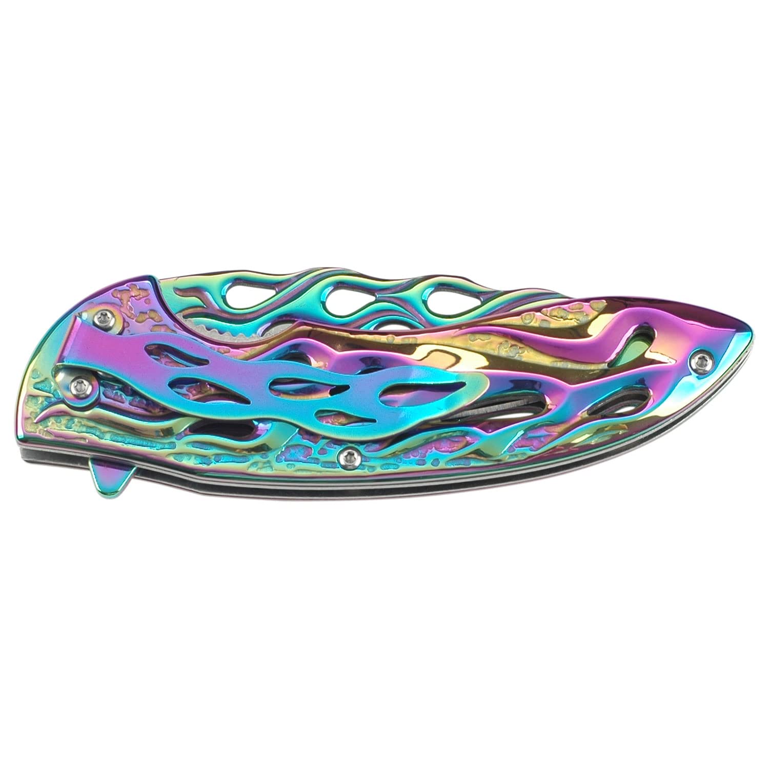 MTech USA MT-A822RB Spring Assist Folding Knife, Rainbow Blade, Rainbow Flame Handle, 4.75-Inch Closed