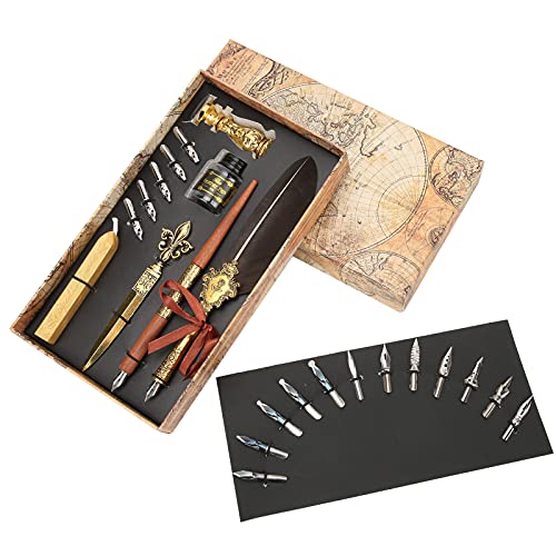 Zerodis Feather Calligraphy Pen Ink Set, Retro Feather Pen Vintage Feather Pen for Self Use,Executive Gift and Antique Desk Decor(SP248031R round head gray feather)