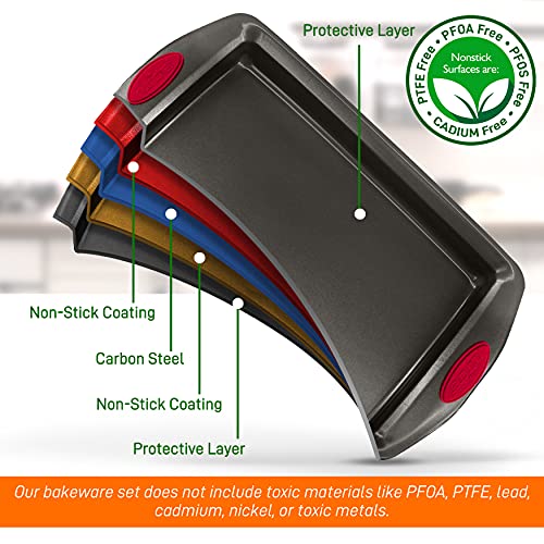 NutriChef 2-Piece Baking Pan Set - PFOA, PFOS, PTFE Free Flexible Nonstick Black Coating Carbon Steel Bakeware - Professional Home Kitchen Bake Cookie Sheet Stackable Tray w/Red Silicone Handles