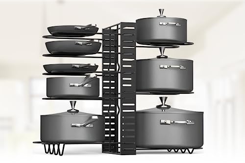 Stacking Pan Organizer - Cabinet Pot Organizer - Pot and Pan Organizer - Pot Rack Organizer - 8 Tier Pot Rack -Cookware Rack Organizer - Kitchen Pot Organizer - Expandable Cookware Rack Organizer