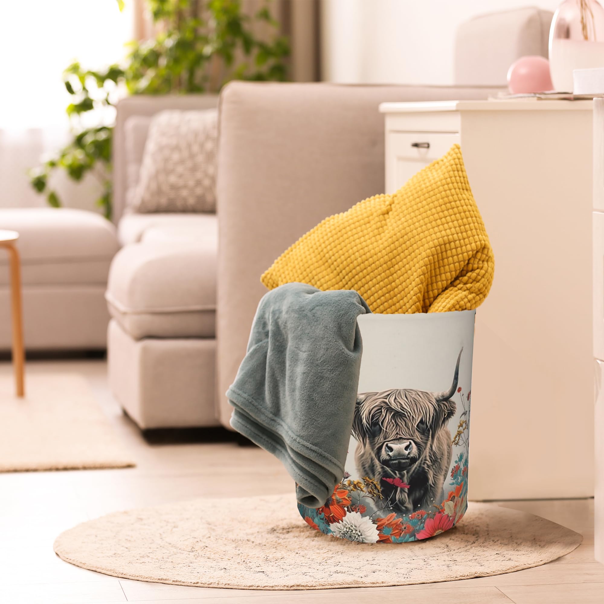 Highland Cow with Flowers Laundry Basket,Waterproof Laundry Hamper,Collapsible Organizer Basket for Storage Bin Toy Bins, Dirty Clothes Laundry Basket for Living Room/Bathroom/Bedroom