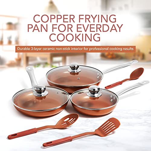 Razab Copper Frying Pan Set with Lids, 8", 9.5" & 11" Frying Pan Set, Nonstick Frying Pan Set, Copper Pans with Lid, Nonstick Skillets w/Lids 8", 9.5" & 11" Copper Pan Set