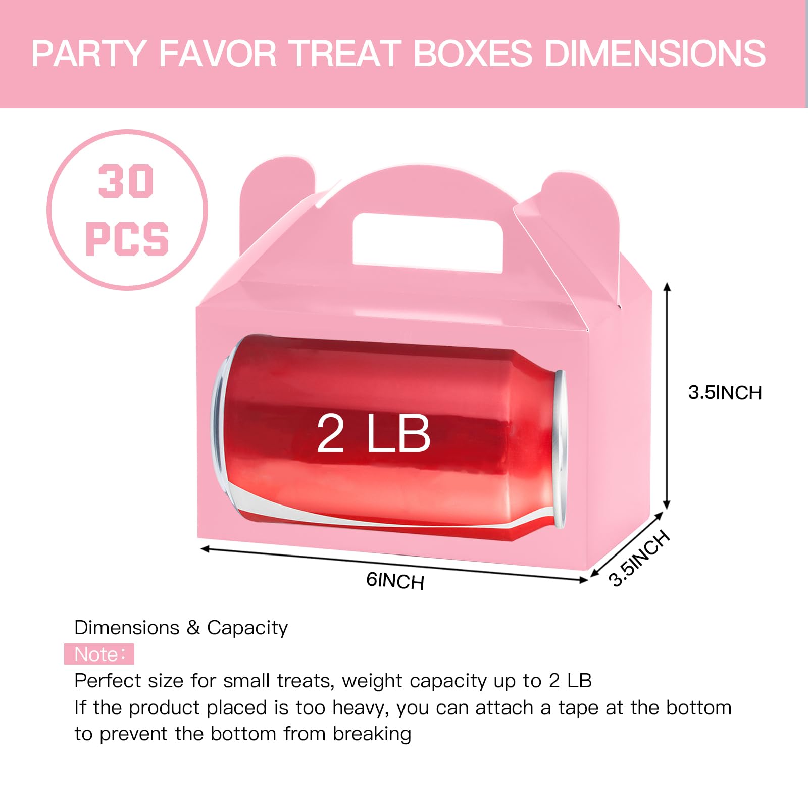 MOORAY 30 Pack Treat Boxes Candy Boxes Gable Boxes Party Favor Boxes with Handles Goodie Boxes Paper Gift Boxes for Kids Birthday Party Baby Shower Wedding Halloween Christmas(Pink)