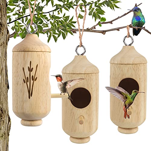 Hummingbird House for Outside Hanging for Nesting,Wooden Humming Bird Nest 3 Pcs with Hemp Ropes (Type B)