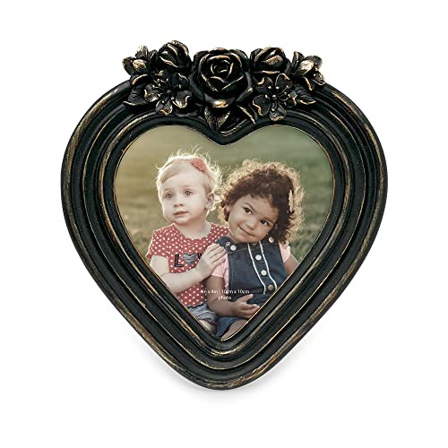 Isaac Jacobs 4x4 Heart-Shaped Resin Picture Frame with Rose Design, Decorative Photo Frame, Tabletop & Wall Display, Hanging Display & Home Décor (Black With Gold)