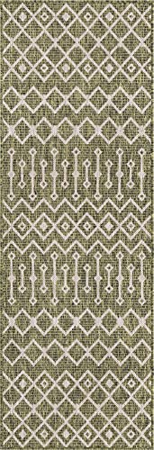 Unique Loom Outdoor Trellis Collection Area Rug - Tribal Trellis (2' x 8' Runner, Green/ Natural)
