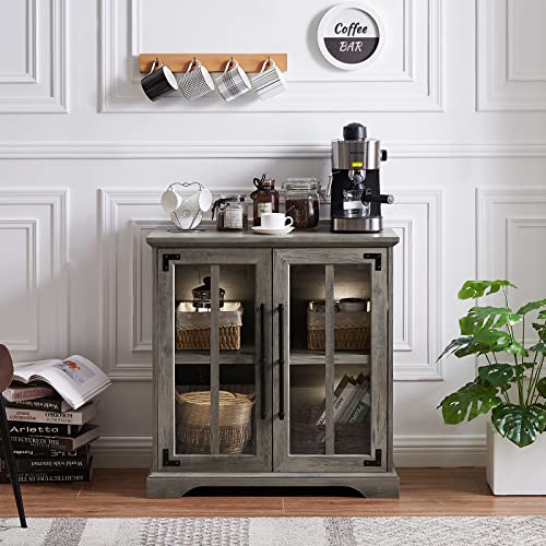 Okvnbjk Buffet Cabinet, 32 Inch Sideboard Coffee Bar Cabinet with Adjustable Shelves for Kitchen Small Accent Storage Cabinet(Grey Wash)