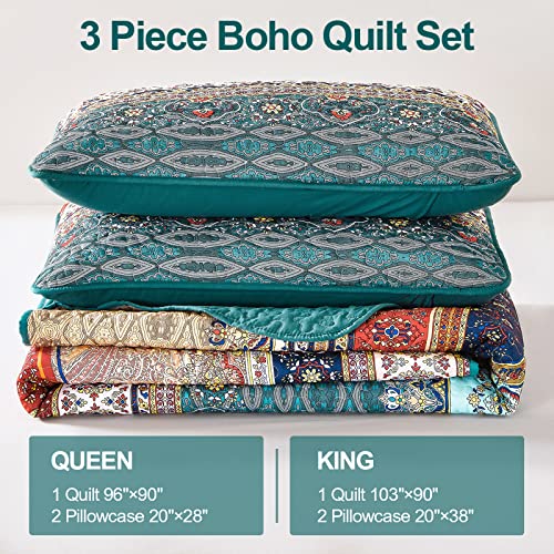 WONGS BEDDING Boho Queen Quilt Set, Green and Brown Bohemian Queen Quilt Bedding Set, Lightweight Microfiber Bed Decor Bedspread for All Season 96"x90"(3 Pieces)