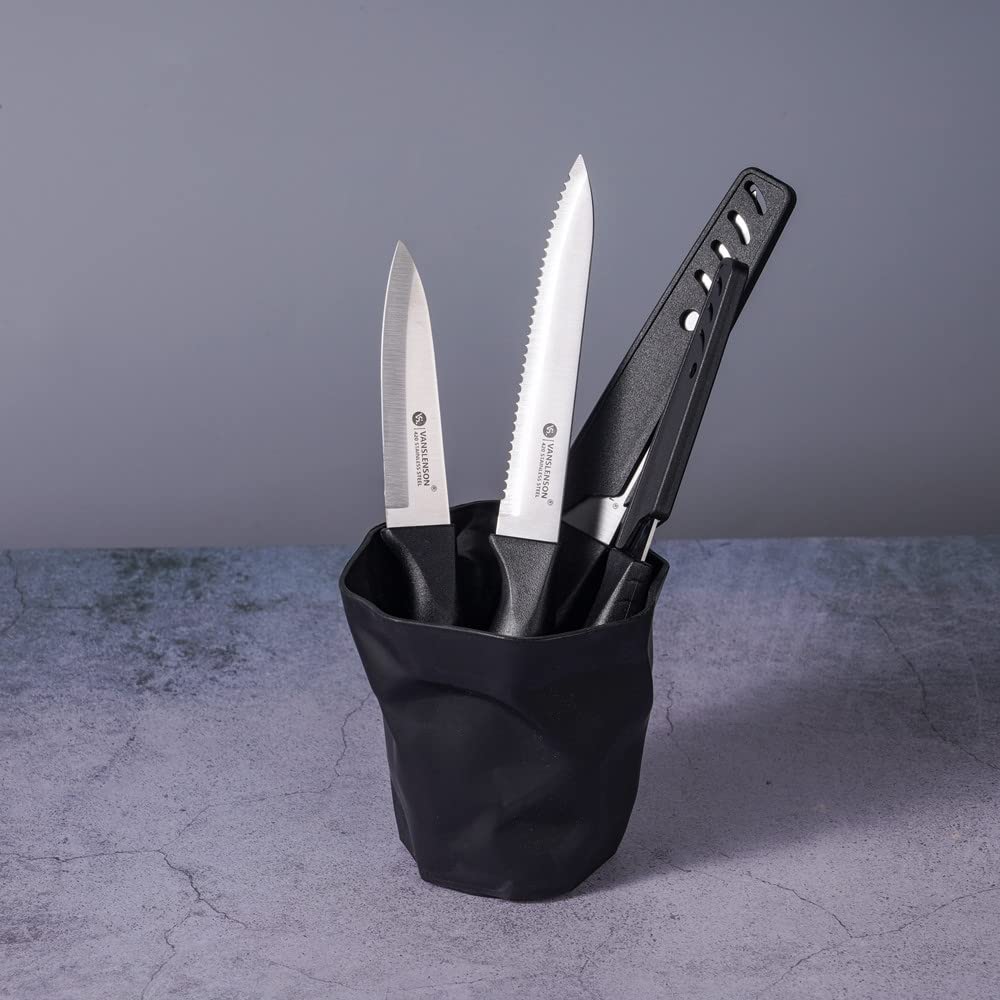 VSL VANSLENSON Multipurpose Kitchen Knife set 4 inch Paring Knife with Cover, Steak Knife, 5 inch Utility Knife, 5 inch Serrated Blade Knife Black Handle (Set of 4 mixed combo)