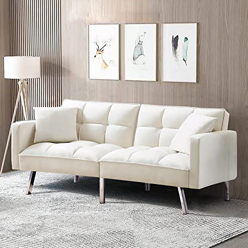 LCH Modern Tuft Futon Couch Convertible Loveseat Sleeper Reclining Sofa Bed Twin Size with Arms and 2 Pillows for Living Room, Beige