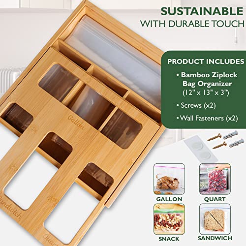 Ziplock Bag Storage Organizer for Kitchen Drawer - Bamboo Zip Lock Plastic Baggy Dispenser - Magnetic Sliding Lid for Easy Refill - Ziplock Bag Organizer Fits Gallon, Quart, Sandwich, Snack Baggies