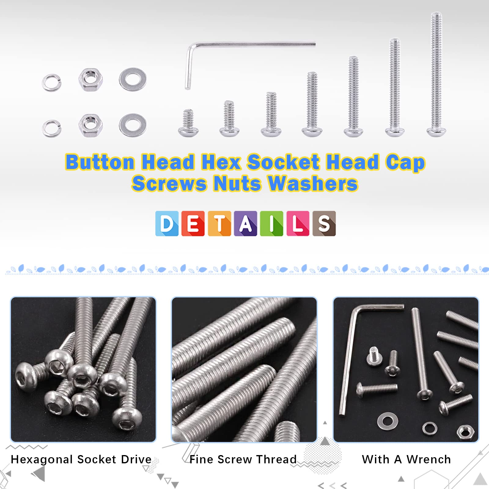 Glarks 260Pcs 13 Size M6 304 Stainless Steel Button Head Screws Hex Socket Cap Screws Bolts and Nuts Washers Assortment Kit with Hex Wrench for Machinery Furniture Car Repair