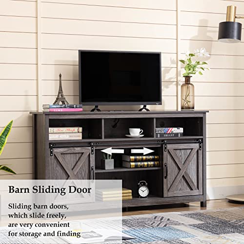 Vinctik 6&Fox 57β Wooden Farmhouse TV Stand for 60/65 inch TV,Double Layer Storage Entertainment Center TV Console Table,w Double-Row Sockets and 2 Sliding Barn Door,Media Cable Box(Grey Wash)