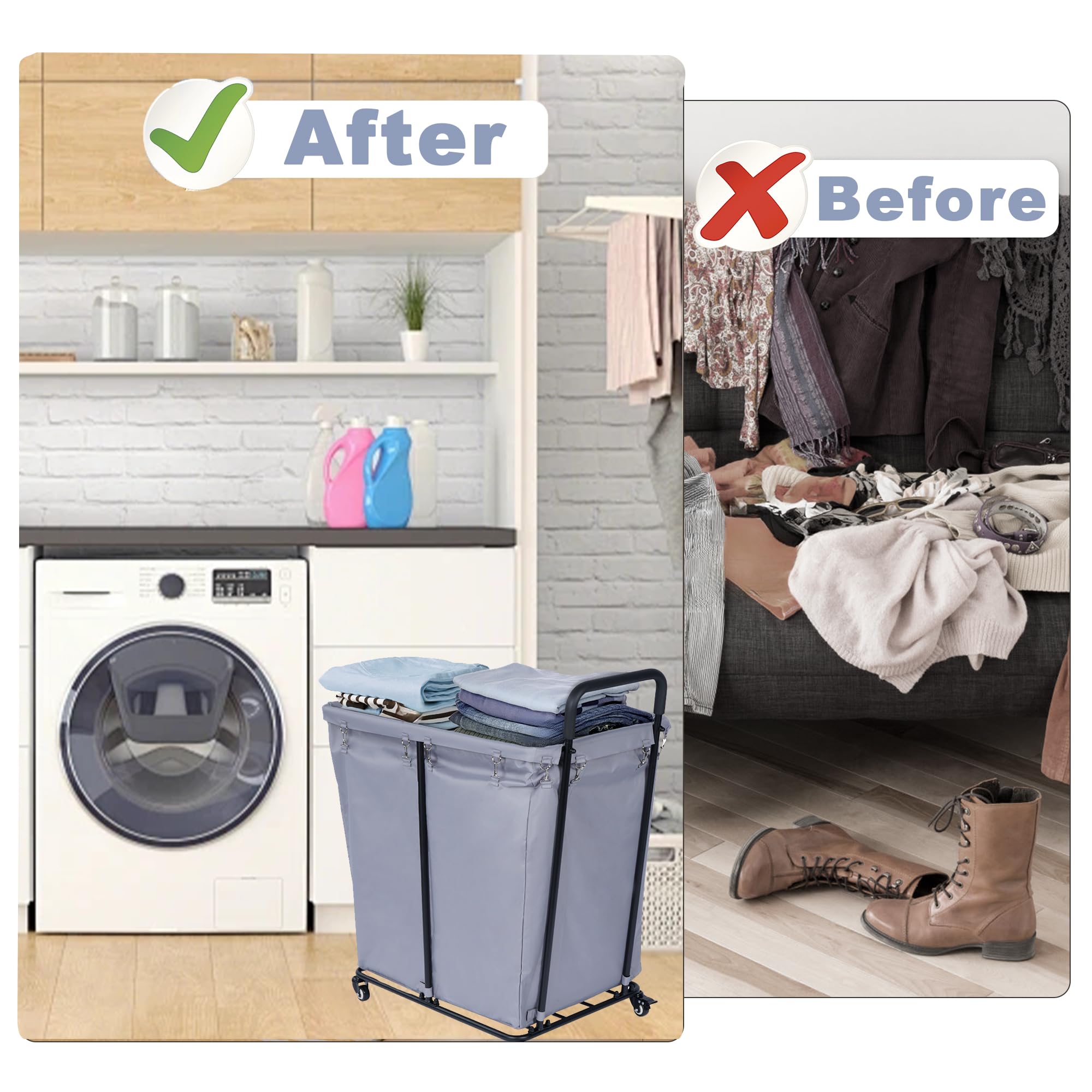 mopam 2 Section Laundry Hamper with Wheels, 240L Rolling Laundry Sorter Cart with Heavy Duty Metal Frame, Large Commercial Laundry Basket with Handles and Removable Oxford Bags, Gray