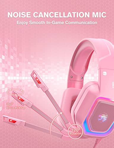 ZIUMIER Z30 Pink Gaming Headset for PS4, PS5, Xbox One, PC, Wired Over-Ear Headphone with Noise Canceling Microphone, LED Flowing RGB Light, 7.1 Surround Sound,Comfortable Earmuffs