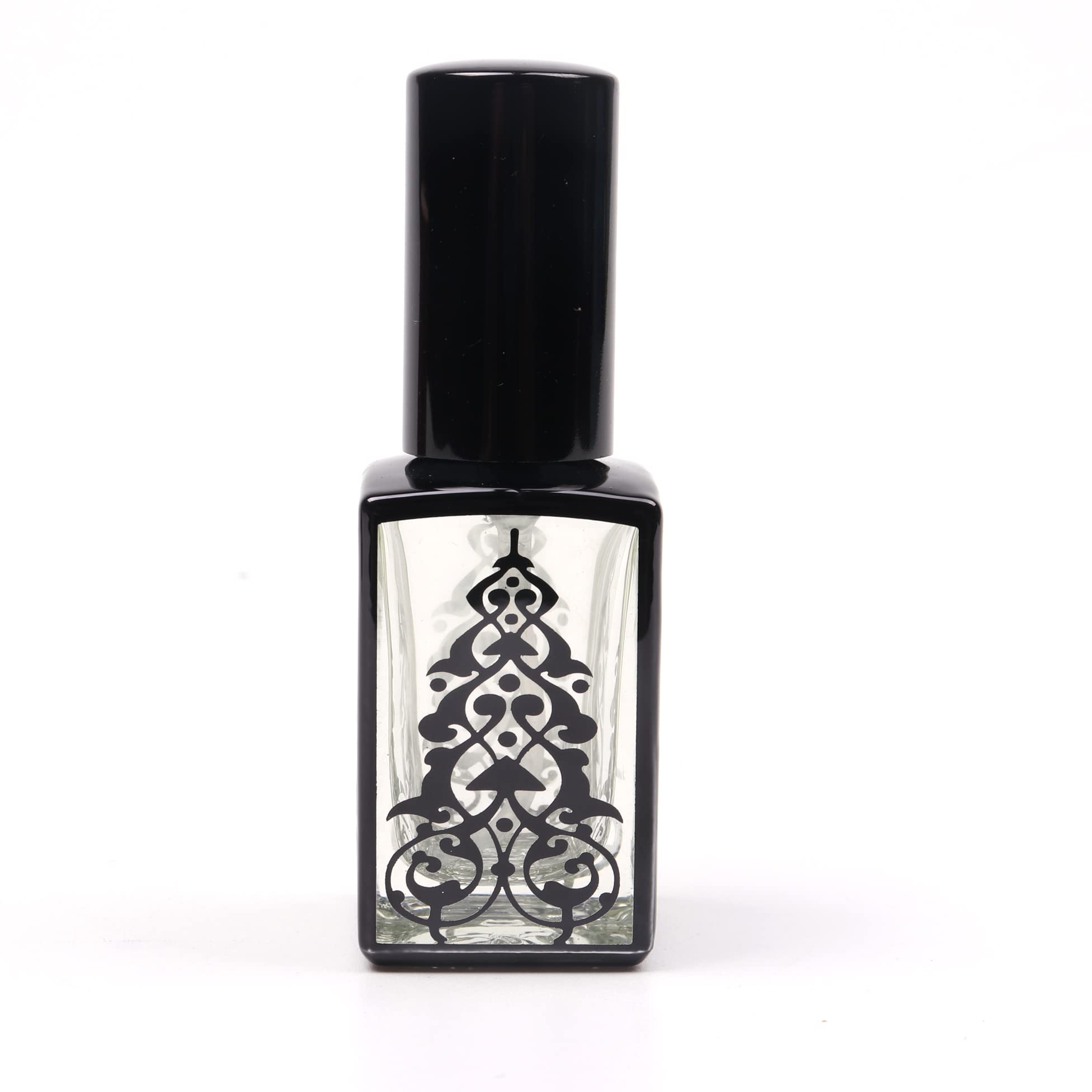 HUGE FUN 10ml Travel Perfume Bottle Refillable Atomizer with Islamic Decor Pattern, Portable Mini Travel Size Spray Bottle Travel Essential for Women (10ML/0.34OZ, Black Christmas Tree)