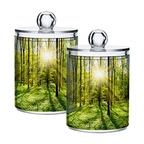 Kigai Beautiful Green Forest Landscape Qtip Holder Dispenser for Cotton Ball, Cotton Swab,Plastic Clear Apothecary Jar, Home DĂŠcor Kitchen Storage Jar,2 Pack