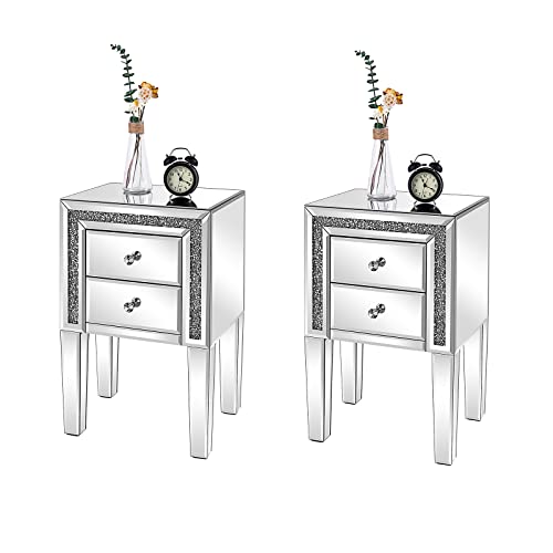 VINGLI Mirrored Nightstand Set of 2 Silver Glass Sofa/Couch Side Tables Bedroom End Tables with Storage, 24.8 inch Tall