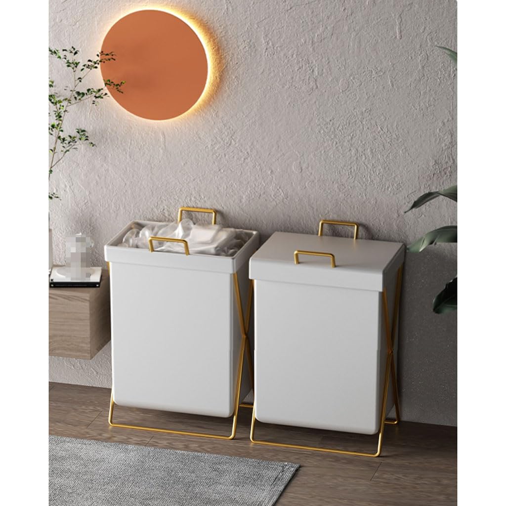 JITEM Cesto X-Frame Collapsible Laundry Basket w/Leather Bag Sorter Organizer Black/Gold Metal Frame Laundry Hamper Luxury Folding Dirty Clothes Basket w/Lid Dorm Washing Bin