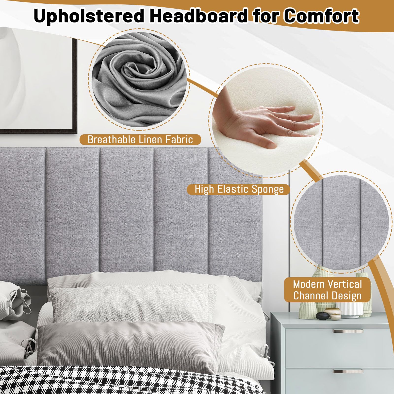 KOMFOTT Linen Upholstered Headboard for Full & Queen Size Bed, Vertical Channel Tufted Rectangular Headboard with Solid Wood Legs & Adjustable Width, Padded Bed Backboard, Easy Assembly, Beige