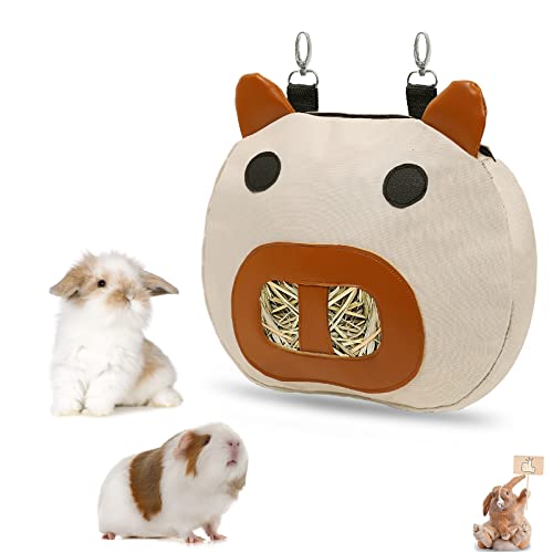 Zhilishu Rabbit Hay Feeder Bag, Hay Feeder for Guinea Pig Timothy Hay Feeder Dispenser Storage with 2 Hanging Hooks for Bunny Small Animal Cage Mess Free (Brown)