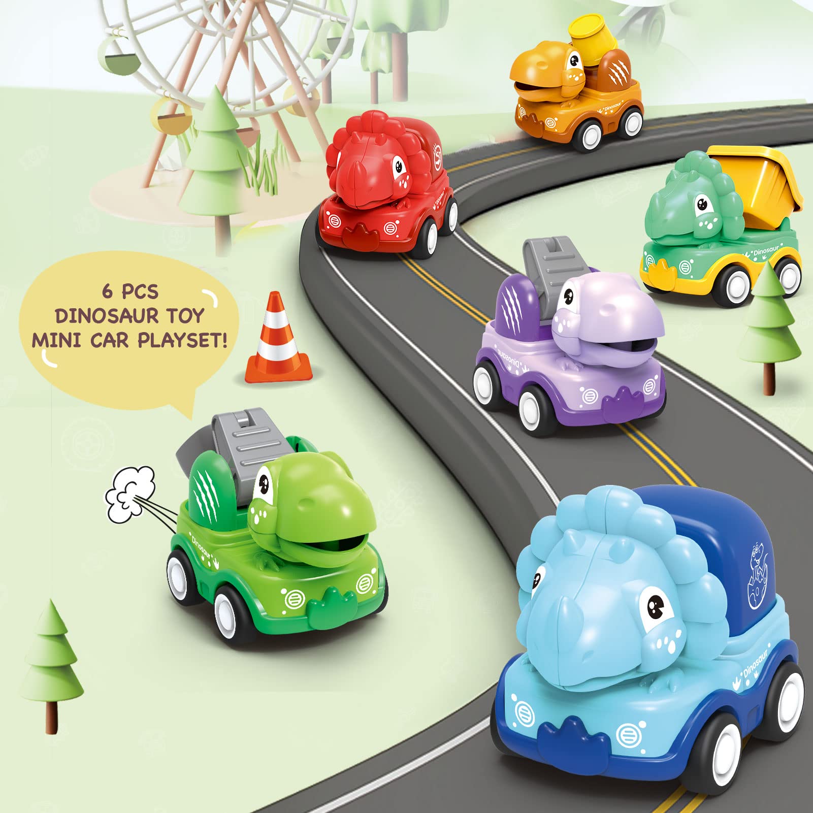 Flypear Toy Cars for 1 Year Old Boy, Dinosaur Pull Back Construction Vehicles with Storage Bag, 6PCS Monster Truck for Toddlers 3-5, Friction Power Cartoon Car Easter Gift