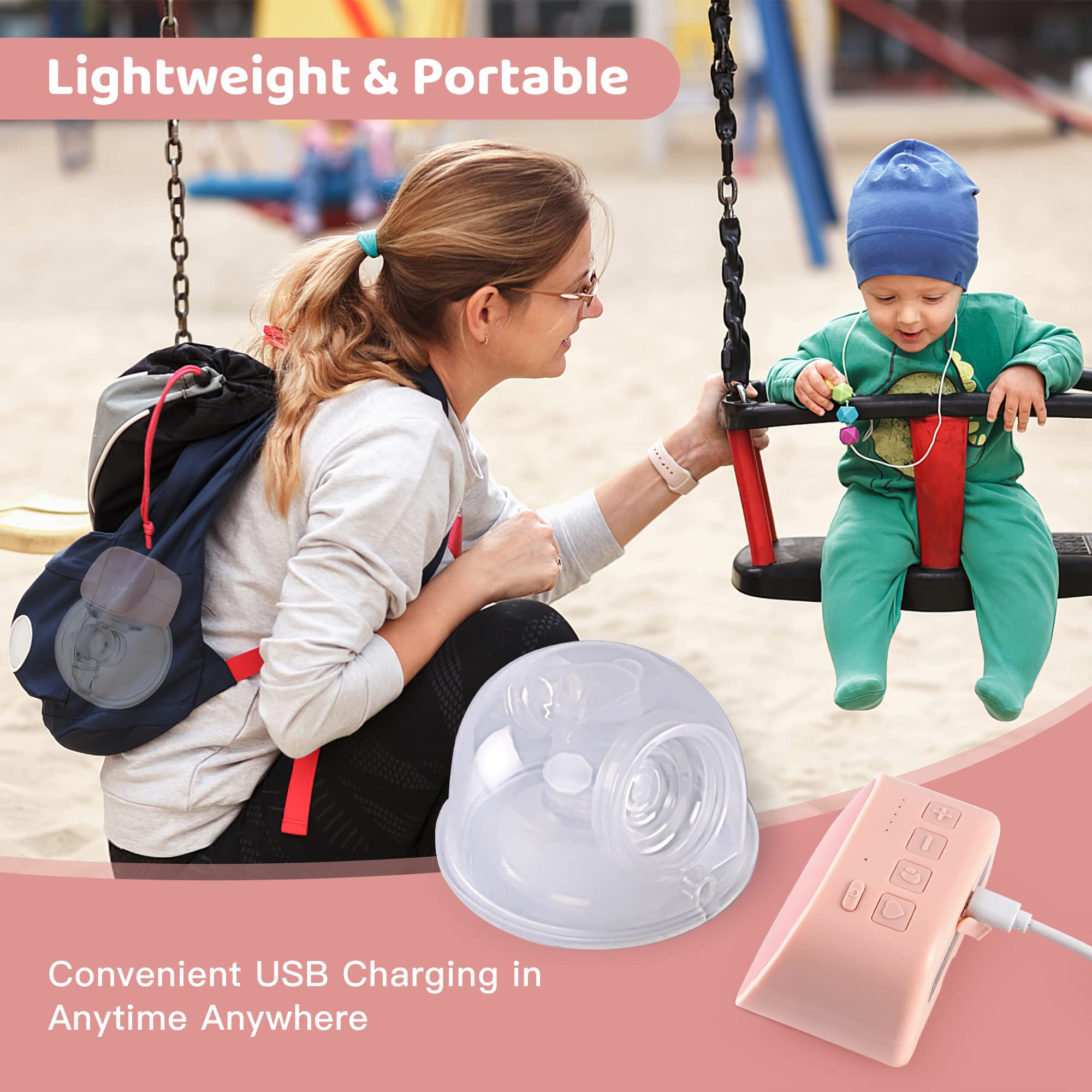 Kompoll Wearable Breast Pump Portable Electric Hands-Free Breast Pump with 2 Mode & 5 Levels, Wireless Worn in-Bra Painless Breastfeeding, Pink