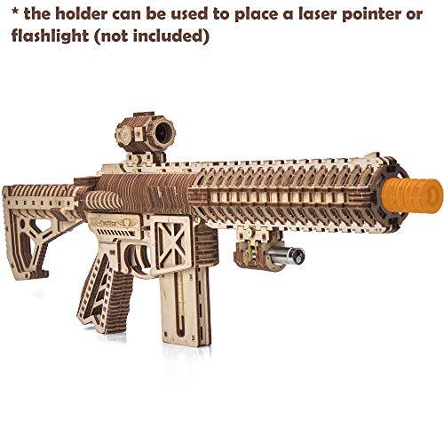 Wood Trick Assault Gun AR-T Model Kit for Adults and Teens to Build - with Telescoping Butt, Fuse, Sight and Clip for 12 Rounds - Detailed Construction - 23x8″ - 3D Wooden Puzzle - 14+