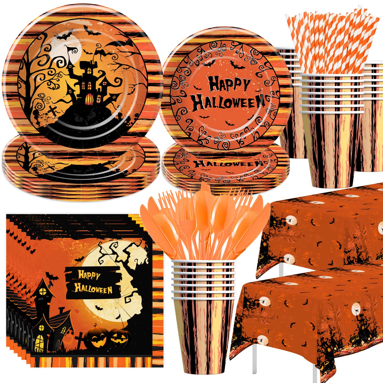 HIPVVILD Halloween Decorations Tableware - Halloween Party Supplies Include Halloween Plates, Napkins, Cups, Tablecloth, Disposable Cutlery, Straws, Halloween Party Decorations Dinnerware | Serves 24
