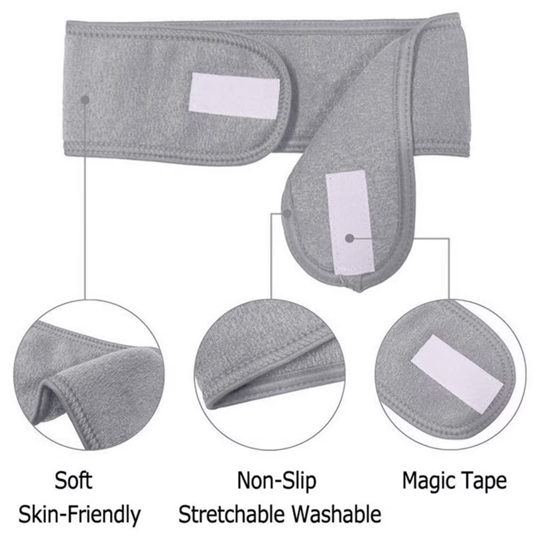 Flytianmy 2 Pcs Spa Facial Headband, Adjustable Face Wash Headband with Magic Tape for Bath, Makeup and Sport (Grey)