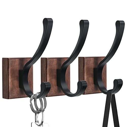 Wood Wall Hooks, 3 Pack Wall Hooks Heavy Duty, Rustic Wood Hooks Wall Mounted, Wall Hooks for Hanging Coat, Towel, Keys, Hat, Umbrella, Bag, Rag and Kitchen Utensils