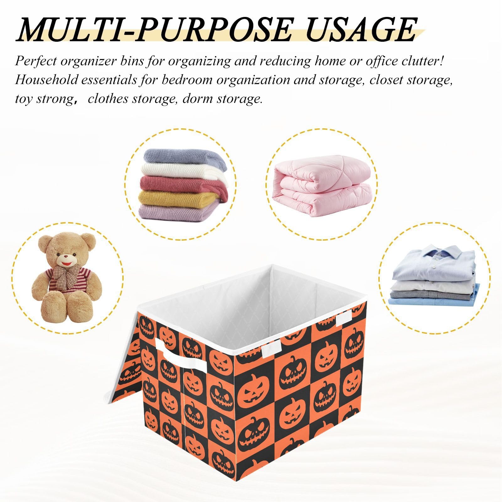JJoias Foldable Fabric Storage Boxes, Halloweens-black-orange-pumpkins Large Storage Bins with Lids and Handlefor Living Room, Bedroom, Closet, Office