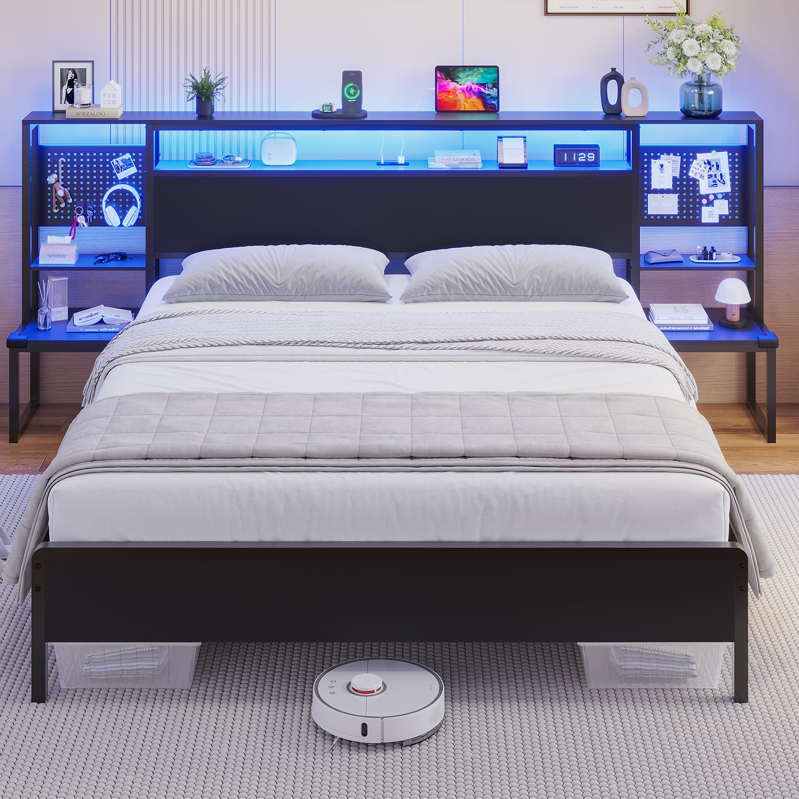 HAUOMS King Size Bed Frame with Storage Headboard & Bedside Storage, Durable Metal Platform Bed with Charging Station & LED Lights, 4-Tier Headboard, Noise-Free, No Box Spring Needed, Black