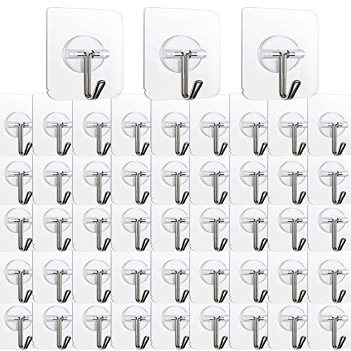 KAKAMINA 100 Pack Adhesive Hooks Wall Hooks 24lb(Max) Heavy Duty Self Adhesive Hooks,Transparent Reusable Adhesive Wall Hooks for Hanging for Kitchens, Bathroom, Office