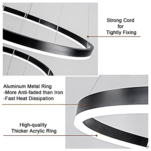 Viruhaka Dimmable LED Pendant Light Dining Room 50W LED Modern Chandelier Black Living Room 2 Ring Pendant Lighting Entryway with 59in Cord Adjustable,6000K Daylight