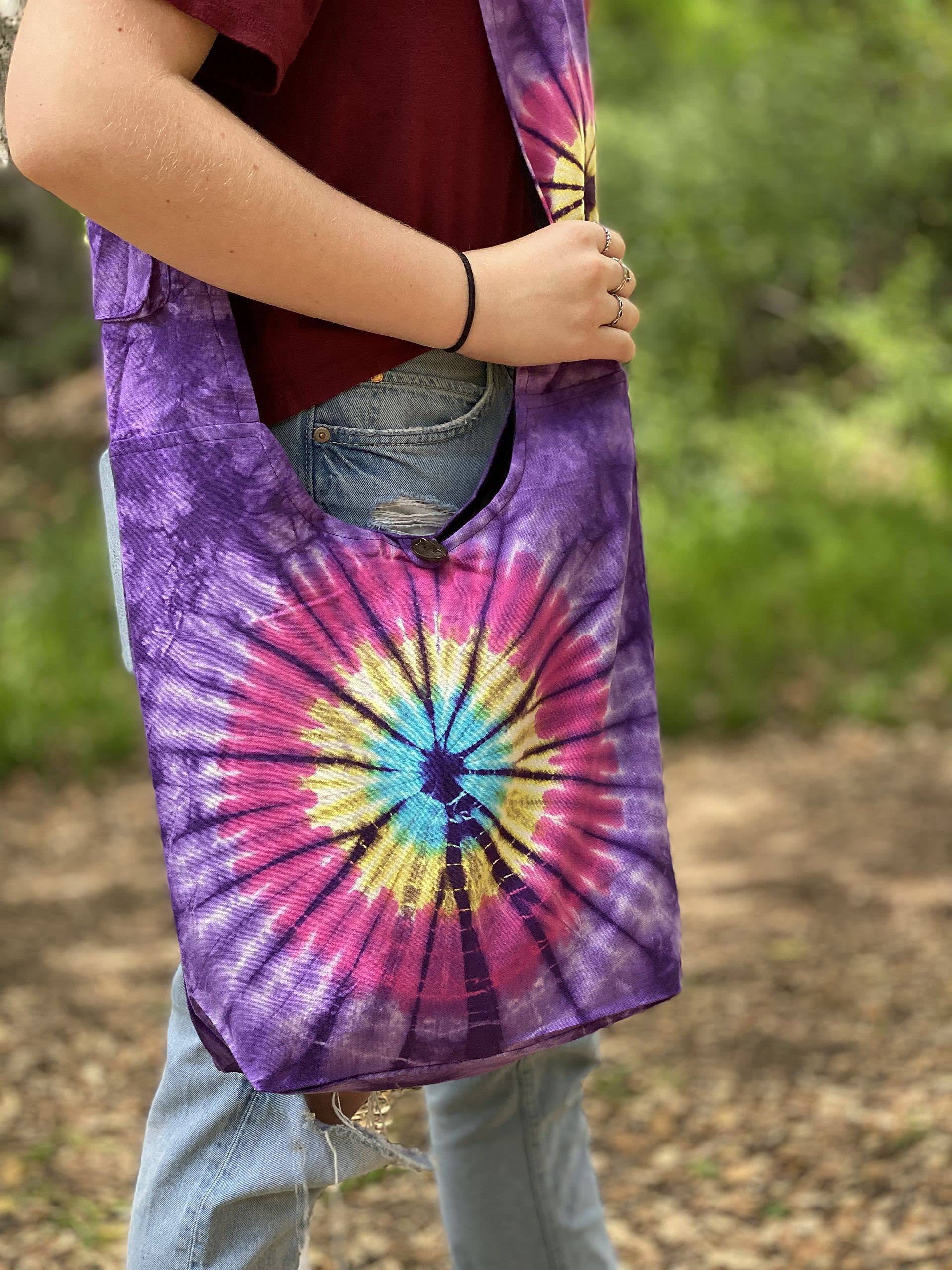 Tie Dye Crossbody Shoulder Hippie Boho Handbag Purse in Purple Large