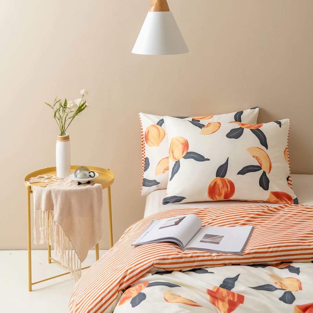 Peach Bedding Cute King Duvet Cover Set Soft Striped Duvet Cover with 1 Duvet Cover and 2 Pillowcases(Peach King)