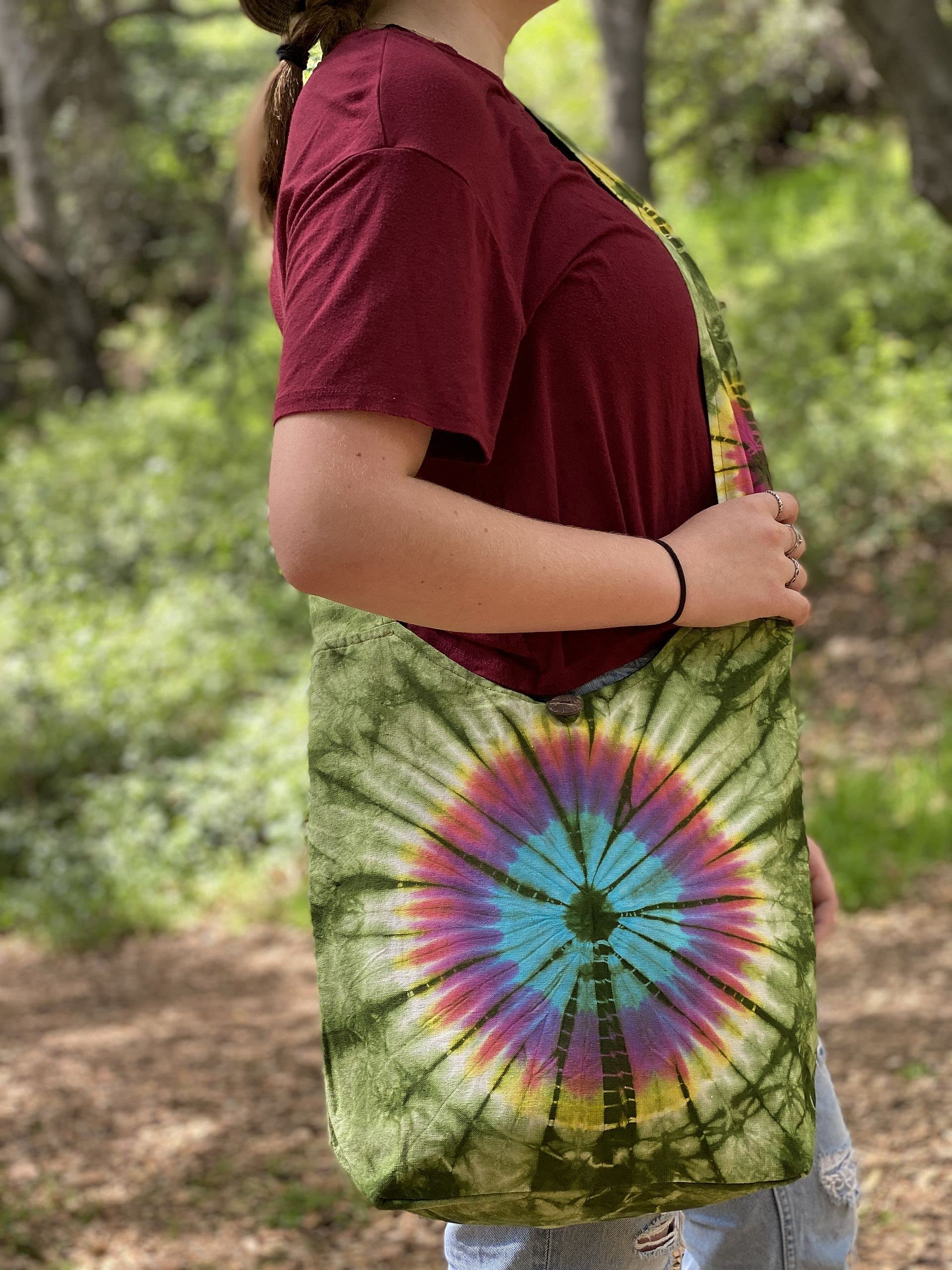 Tie Dye Crossbody Shoulder Hippie Boho Handbag Purse in Green Large