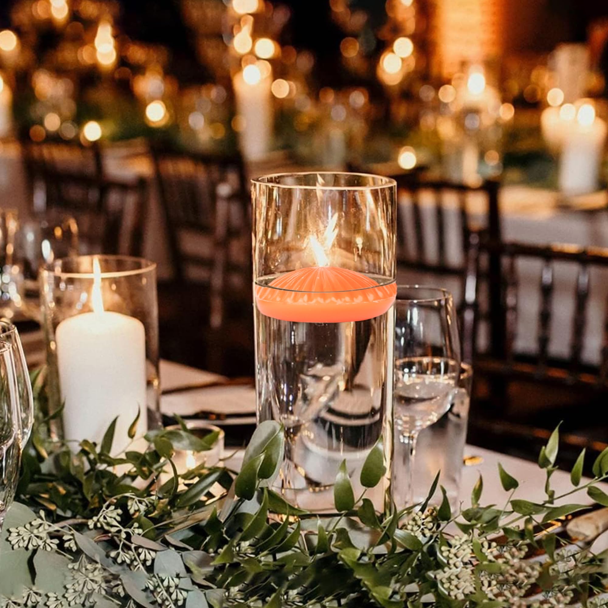 LPUSA 10 Hour Orange Floating Candles Large 3",Unscented Romantic Tealight Ribbed Candles for Cylinder Vases,Centerpieces at Wedding, Party, Pool, Holidays, Set of 12